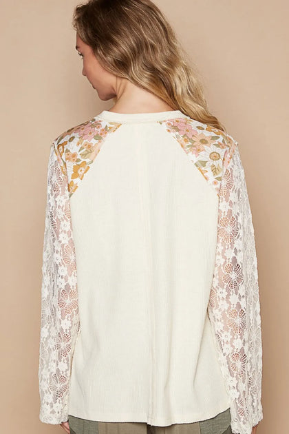 POL Flower Patch Lace Sleeve Knit Top – White Oak Barn Home