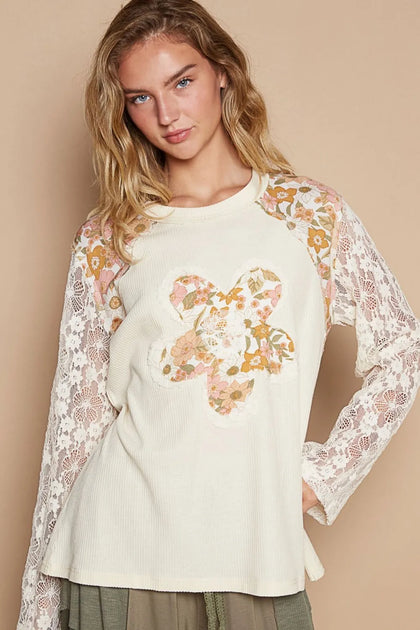 POL Flower Patch Lace Sleeve Knit Top – White Oak Barn Home